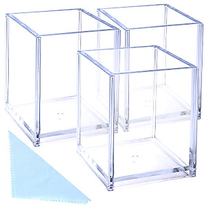 Acrylic Pen Holder, 3 Pcs Clear Acrylic Pencil Holders for Desk, Makeup Brush Holder Cup Organizer, Pen Holder Stationery Storage Desktop Accessories for Office School Supplies (with Cleaning Cloth)