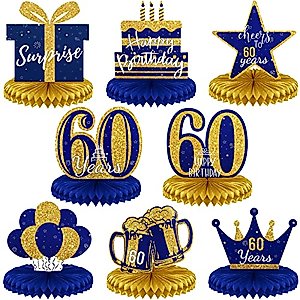 8 Pieces Gold and Blue 60th Birthday Table Centerpieces, 60th Birthday Honeycomb Table Centerpieces, 60th Birthday Table Decorations Birthday Party Supplies for 60th Table Birthday Decorations