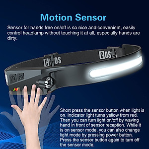 COSOOS 2 LED Headlamp Rechargeable Flashlight, Bright Headlight, Adjustable Headband for Kids & Adults, 1000Lumen Wide Beam & Spot Light, Motion Sensor, 2.4oz Lightweight, Hiking & Camping Gear