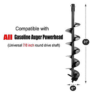 Earth Auger Drill Bit,7/8" Shaft & 31” Length Augers for Gasoline Earth and Ice Auger Power Heads (6 Inch, Black Post Hole Digger)