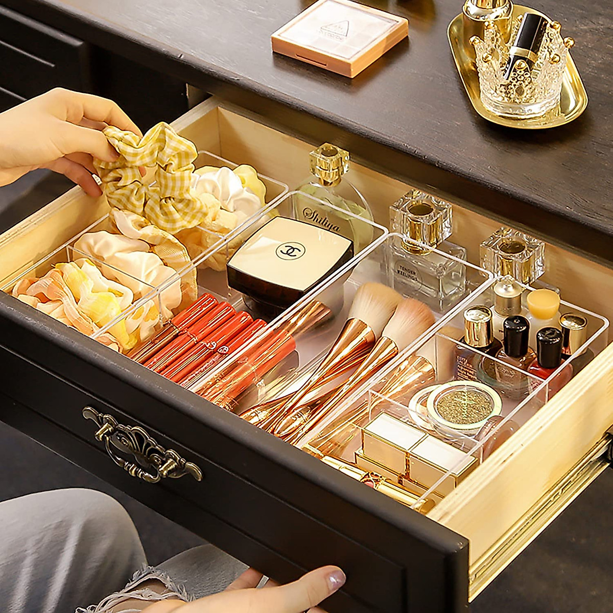 JessLab Acrylic Organizer, 3 Cube Sections Makeup Organizer for Drawer, Makeup Organizer for Vanity, Countertop, Bathroom, Kitchen and Cabinet Storage