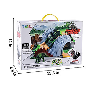 TEMI 348PCS Dinosaur Train Toys for Kids 3 4 5 6 7 Years, Longer Track, 6 Realistic Jurassic Dino Figures, 2 Electric Toy Cars, Twisted Flexible Train Track Set for Toddlers, Boys & Girls