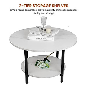 TOYSINTHEBOX Round Coffee Tables, Accent Table Sofa Table Tea Table with Storage 2-Tier for Living Room, Office Desk, Balcony, Wood Desktop and Metal Legs, White 27.6 Inches