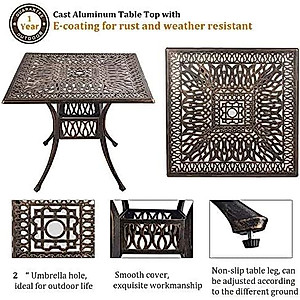 Grepatio 5 Piece Cast Aluminum Patio Dining Set Outdoor Furniture Set Patio Garden Set with 4 Ding Chairs, 4 Cushions and 35.4" Square Patio Table 2.4" Umbrella Hole, Antique Bronze (Khaki)
