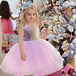 WZSYGDTC Toddler Girl Sequins Bow Dresses Baby Little Girls Tulle Lace Party Ball Gown Dress (PinkPurple,120)
