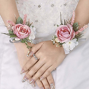 Campsis Set of 2 Wedding Bridal Handmade Flower Wrist Corsage Pink Ribbon Leaves Bride Wristlet Bridal Bridesmaid Hand Flower Prom Party Beach Photography