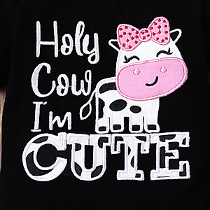 GRNSHTS Newborn Girl Clothes Baby Cow Letter Print Romper+Flared Long Pants+Headband 3PCS Cute Summer Fall Outfits (Black A, 0-3 Months)