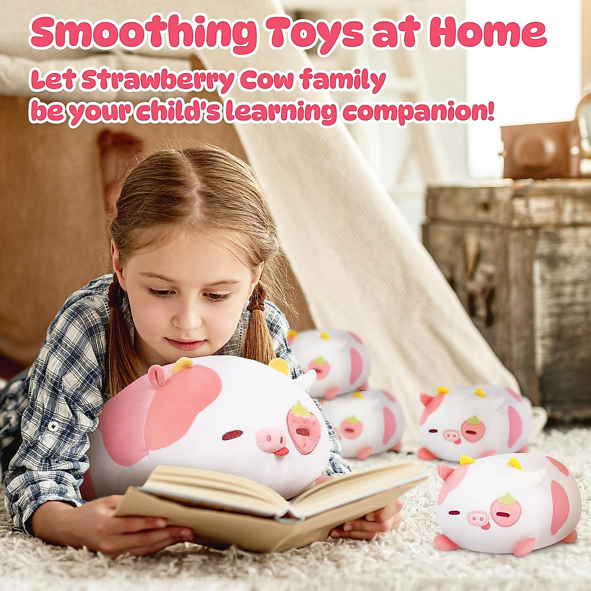 Mewaii Strawberry Cow Plushies Set, Mommy Cow Stuffed Animal with 4 Cute Small Squishy Babies, Soft Pink Cows Cuddle Pillow, Kawaii Plush Toy Gifts for Girls Boys Toddlers Kids