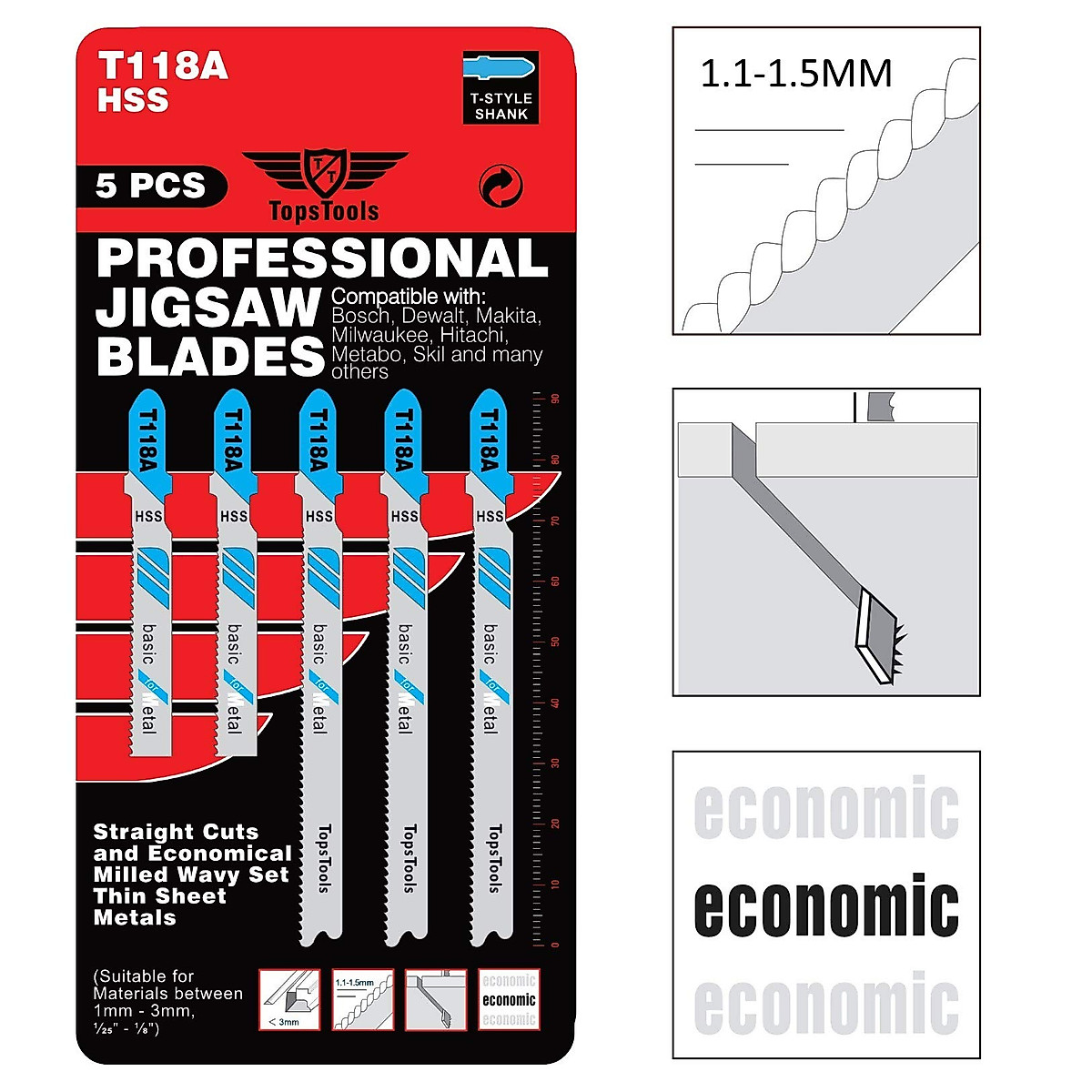 25 x TopsTools T118A Metal Cutting Jigsaw Blades Compatible with Bosch, Dewalt, Makita, Milwaukee and many more