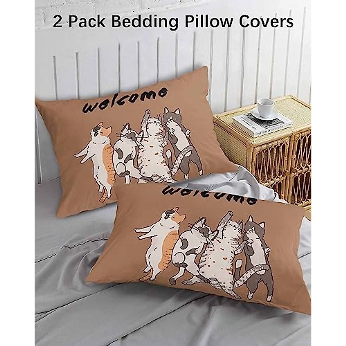 Edwiinsa Cute Cat Pillow Covers King Standard Set of 2 20x36 Bed Pillow, Welcome Farmhouse Animals Brown Plush Soft Comfort for Hair/Skin Cooling Pillowcases with Envelop Closure