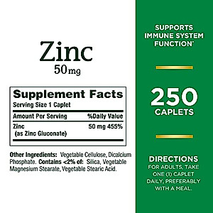 Nature’s Bounty Zinc 50mg, Immune Support & Antioxidant Supplement, Promotes Skin Health 250 Caplets