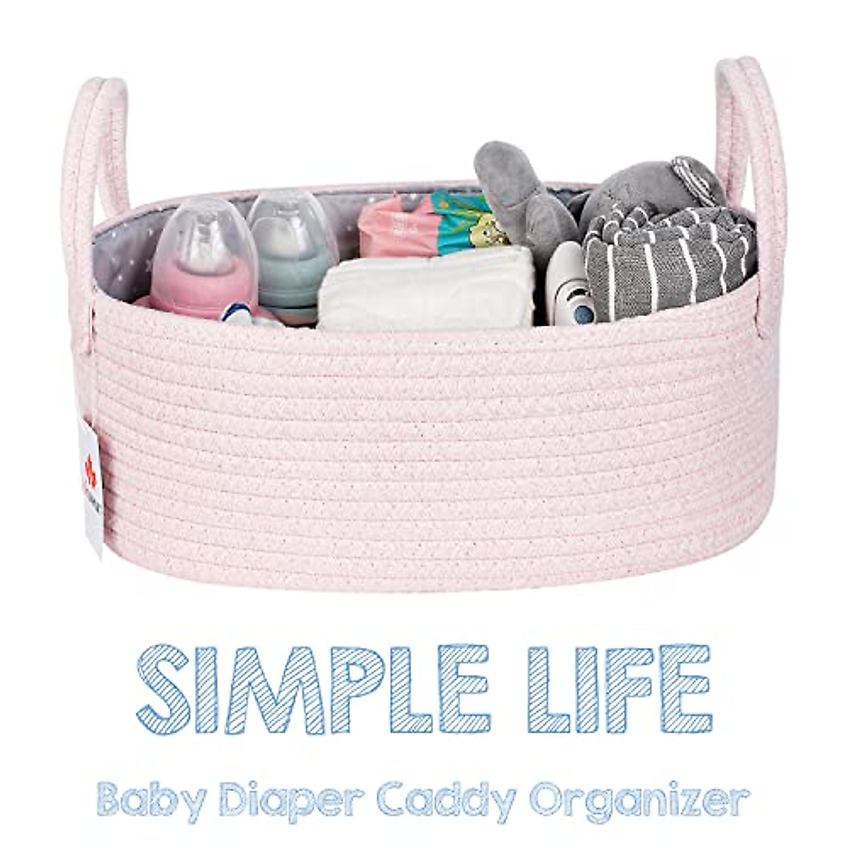 AUNHUIT Baby Diaper Caddy Organizer, Extra Large Cotton Rope Storage Bin for Nursery Essentials [8 Pockets+5 compartments], Portable Basket for Changing Table/Car-100% Natural Cotton (Pink)