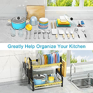 Nicous 2 Tier Dish Drying Rack, Dish Rack with Drainboard, Utensil Holder and Cutting Board Holder, 304 Stainless Steel Dish Drainer for Kitchen Counter (Black & Gold )