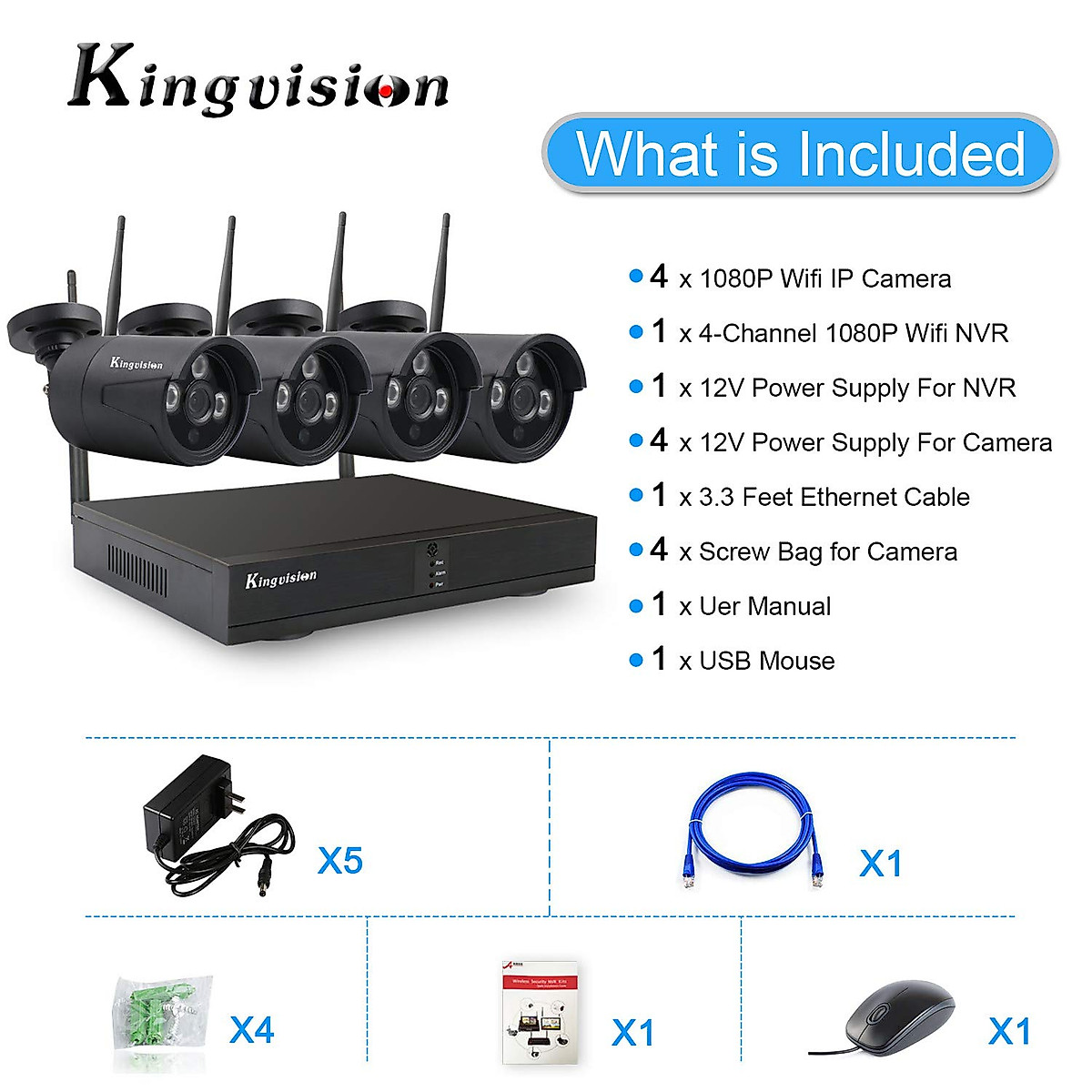 1296P WiFi Wireless Home Security Camera System, Kingvision 8CH NVR Video Surveillance Camera System Kit with 4Pcs 3.0MP Waterproof CCTV IP Cameras for Outdoor/Indoor