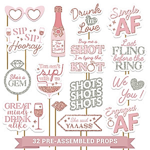 Fully Assembled Bachelorette Photo Booth Props - Set of 32 - Rose Gold, Pink, & Silver Signs, Wedding Bridal Shower Bachelorette Party Supplies & Decorations With Real Glitter - Did we mention no DIY?