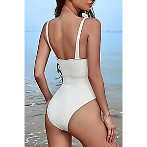 QINSEN Women's One Piece Swimsuit with Adjustable Tie Straps Elastic Belt Moderate Coverage Bathing Suit Beige S