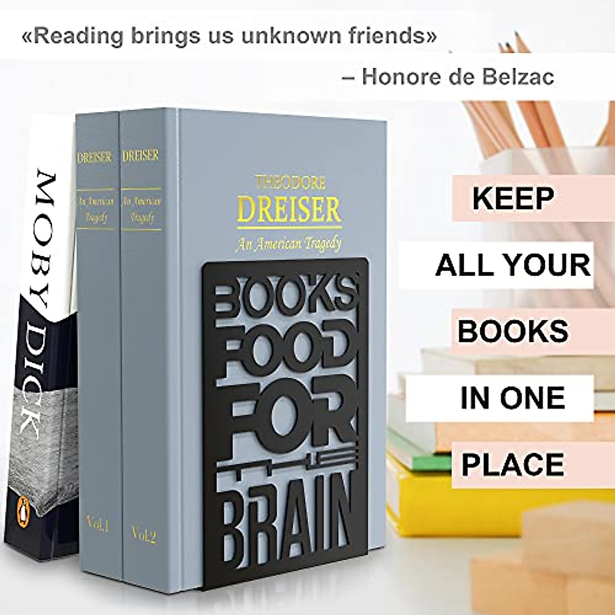 Metal Book Ends For Shelves - Trendy Black Bookends For Heavy Books With Non-Slip Pads - Unique Decorative Book Stoppers Match Home, Office, School, Library - 2 Piece Holder Set For Movies, CDs, Books