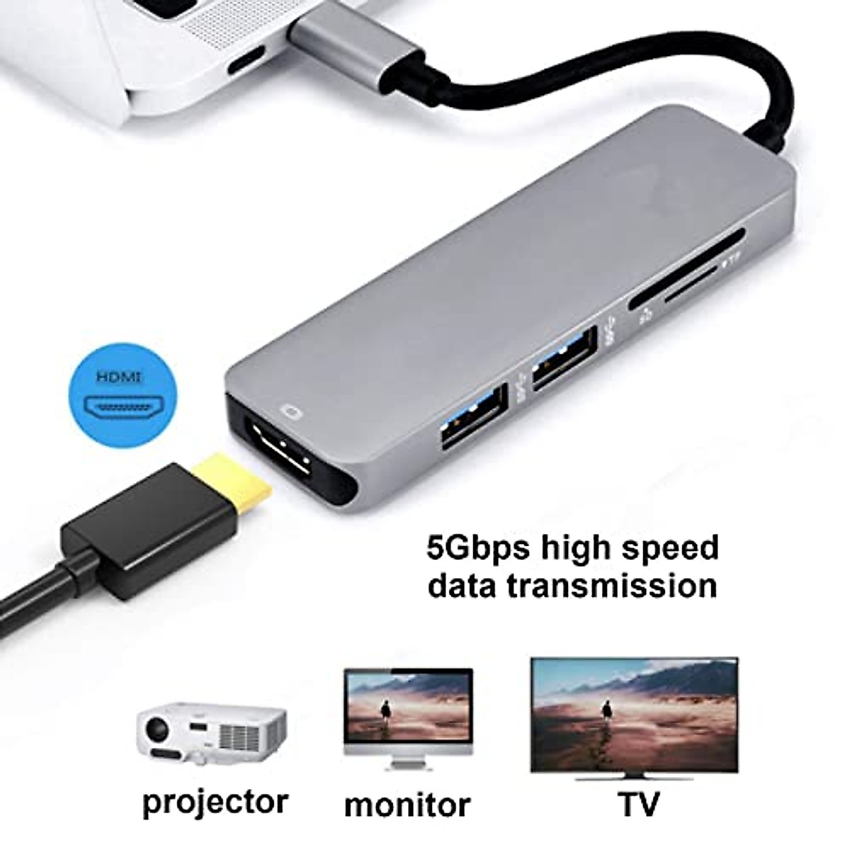 USB C Hub, 30HZ 4K HD 5 in 1 USB C Multiport Adapter 3840x2160 5Gbps Transfer Support Dual Cards PD Charging USB Docking Station for Home Office Travel