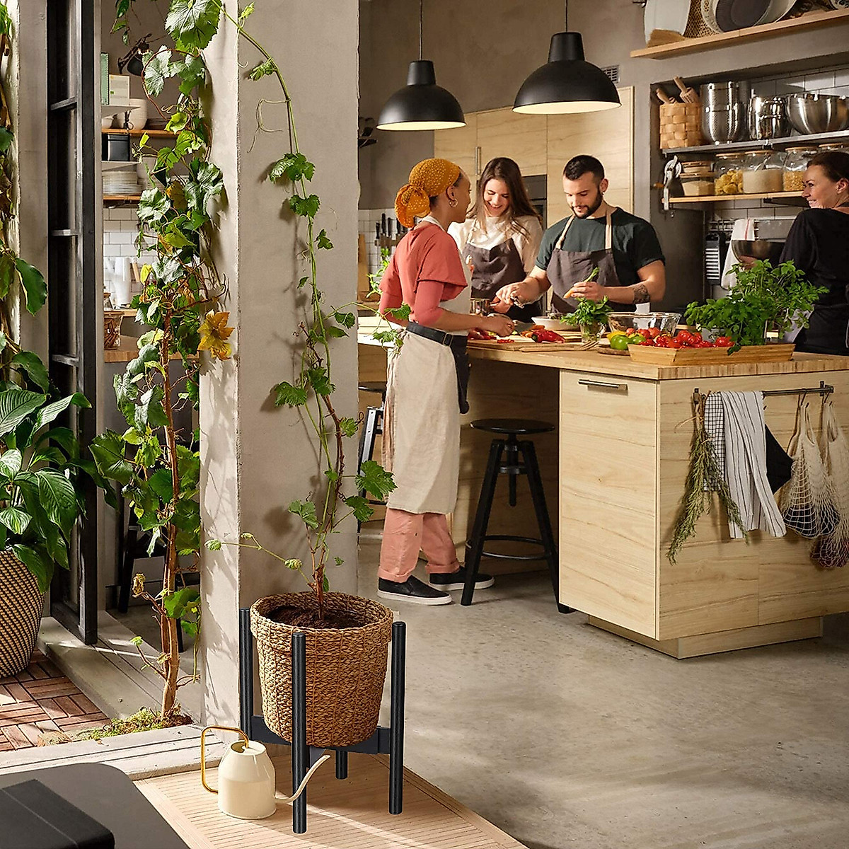 Hyenikoo Plant Stand - Adjustable Indoor Black Plant Stand, Plant Holder, Mid Century Corner Plant Stand with Tray - Fit 8 to 12 Inches Pots (Pot Not Included) - Bamboo Wood