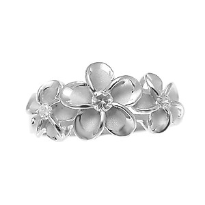 Arthur's Jewelry Sterling silver 925 Hawaiian 3 plumeria flower ring cz rhodium plated size 8