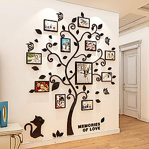 3D Black Trunk Leaves Wall Stickers Happy Family Tree Decal DIY Decor Sticker with Four DIY Vertical Bars Photo Frames (Black, M)