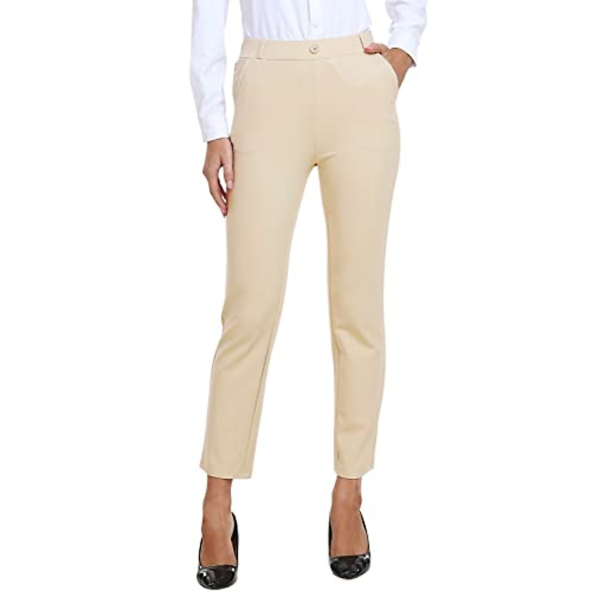 MoFiz Straight Leg Business Casual Dress Pants for Women Stretchy Office Work Teacher Petite Pants High Waisted Golf Slacks Pull On Trousers Khaki L