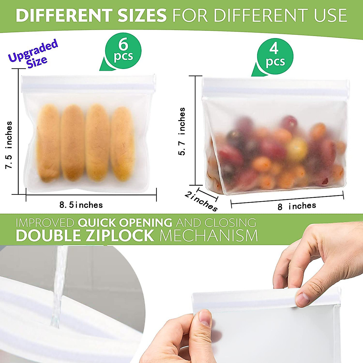 Lcjtop 10 Pack Reusable Food Storage Bags, 4 Stand Up & 6 Flat Ziplock Bags, Leakproof Reusable Freezer Bags & Plastic Free Zipper Bags for Meat Fruits and Vegetables
