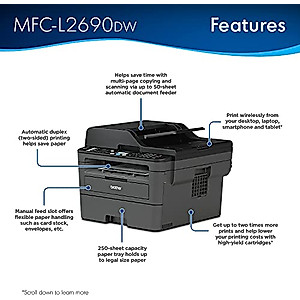 Brother MFC L26 Series All-in-One Laser Printer, Print, Copy, Scan, Fax - 26 ppm, 2400 x 600 dpi, 250 Sheets, Wireless, Mobile Printing, Auto 2-Sided Printing, with MTC Printer Cable (Renewed)