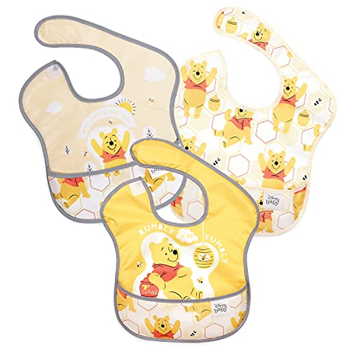 Bumkins Disney Bibs for Girl or Boy, SuperBib Baby and Toddler for 6-24 Months, Essential Must Have for Eating, Feeding, Baby Led Weaning, Mess Saving Waterproof Soft Fabric, 3-pk Winnie the Pooh