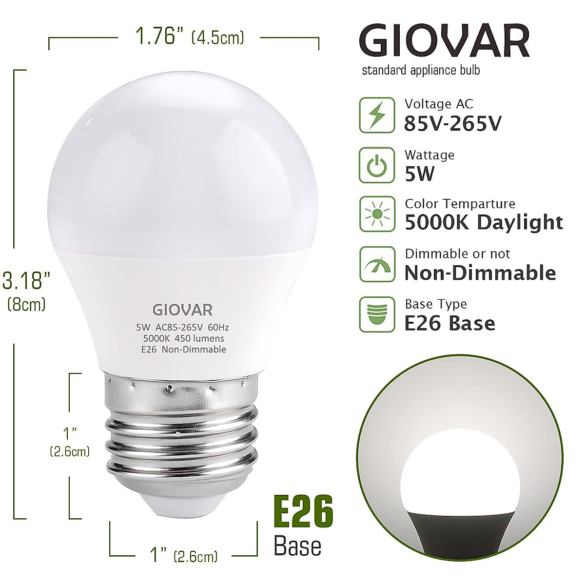 GIOVAR 2-Pack LED Refrigerator Light Bulbs 40 Watt Equivalent 120V, A15 Appliance Light Bulb Daylight 5000K for Fridge, E26 Base, Waterproof, Non-Dimmable