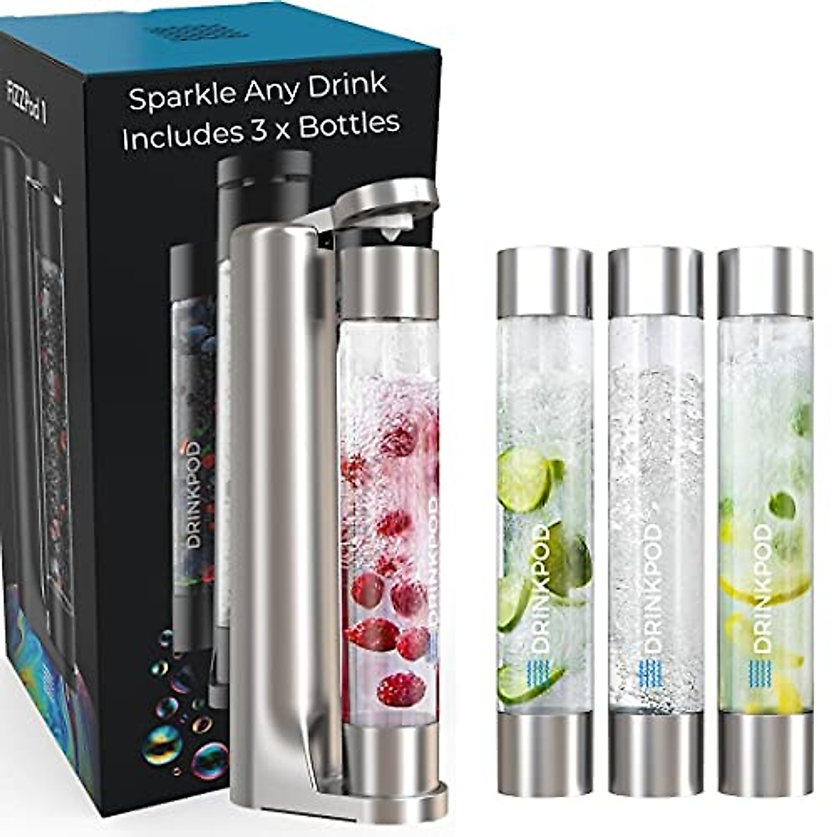 Fizzpod Sparkling Water Maker Soda Maker Infused Fruits Soda Streaming Machine for Carbonating with 1L Carbonating Bottle, Seltzer Fizzy Water Maker, Includes 3 x 1l Carbonating Bottle Compatible with 60L CO2 Carbonator
