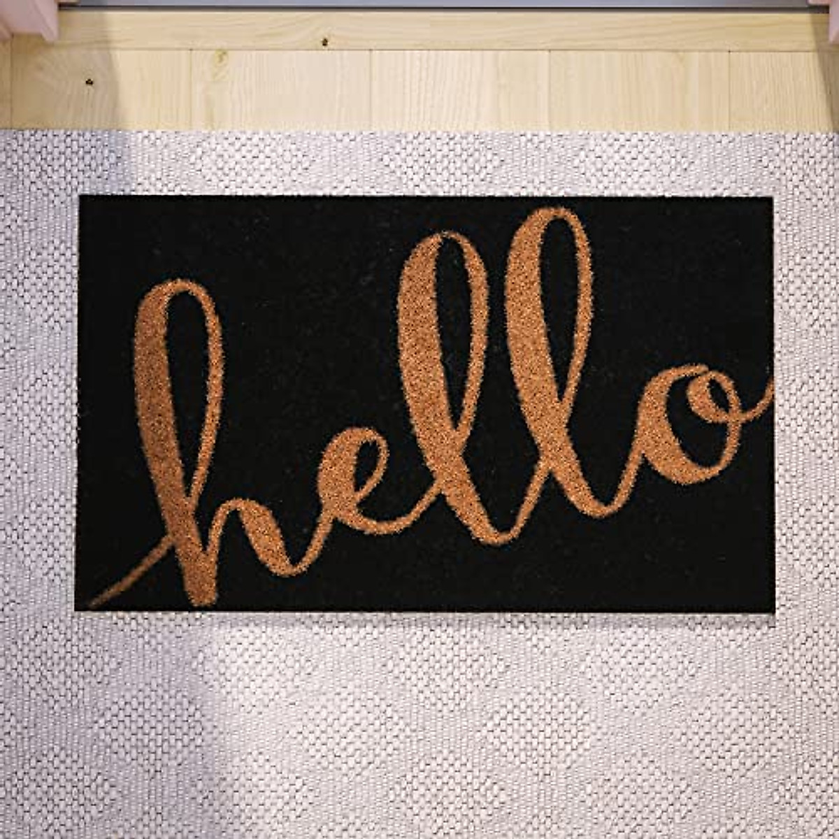 Flash Furniture Harbold Indoor/Outdoor Coir Doormat - Black Background with Natural Hello Message - 18" x 30" - Non-Slip Backing