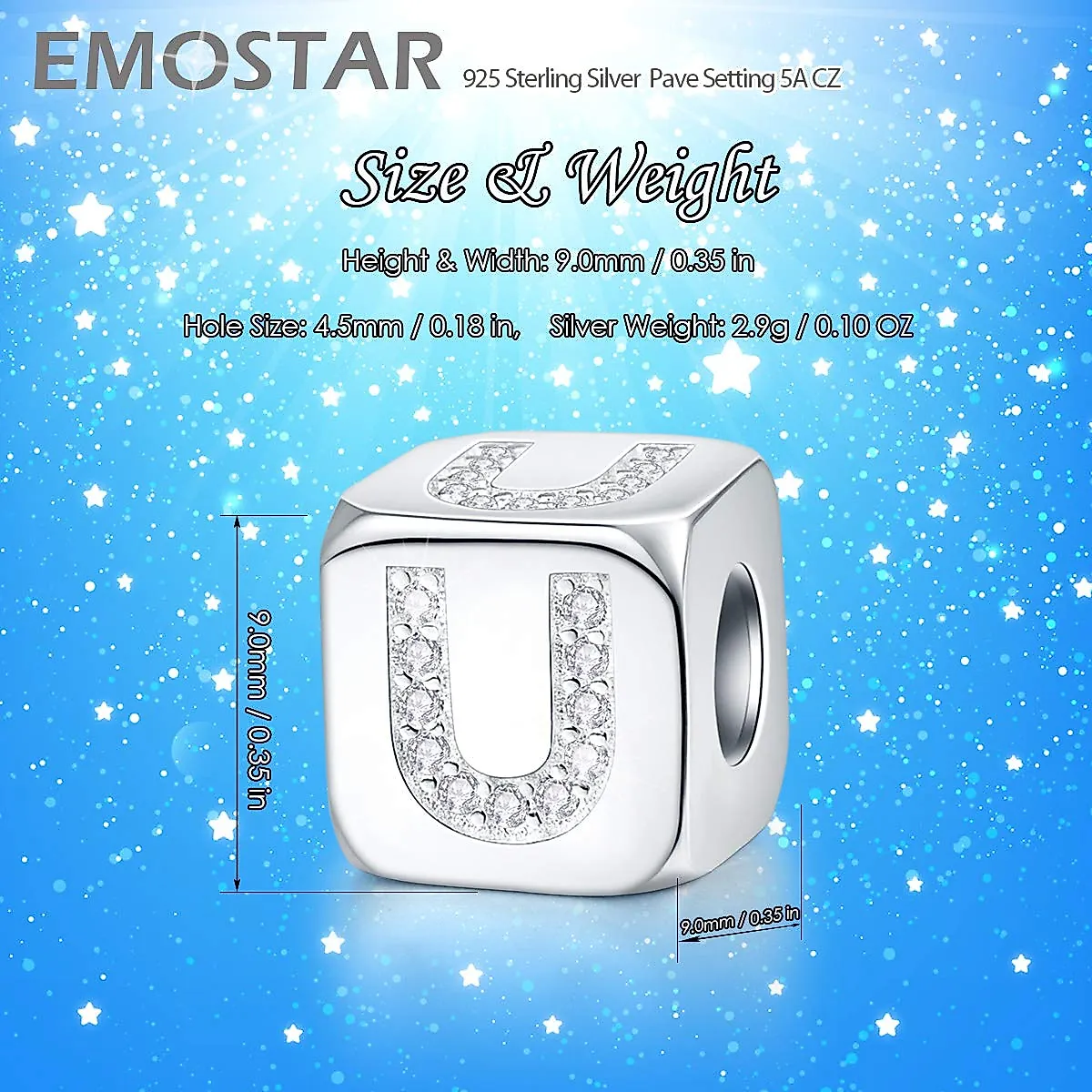 Letter U Dice-Shaped Charm Initial A-Z Alphabet Beads, 925 Sterling Silver Square Cube Charms with CZ fits Pandora Style Bracelet, Gifts for Mothers Day/Uncle/Valentines