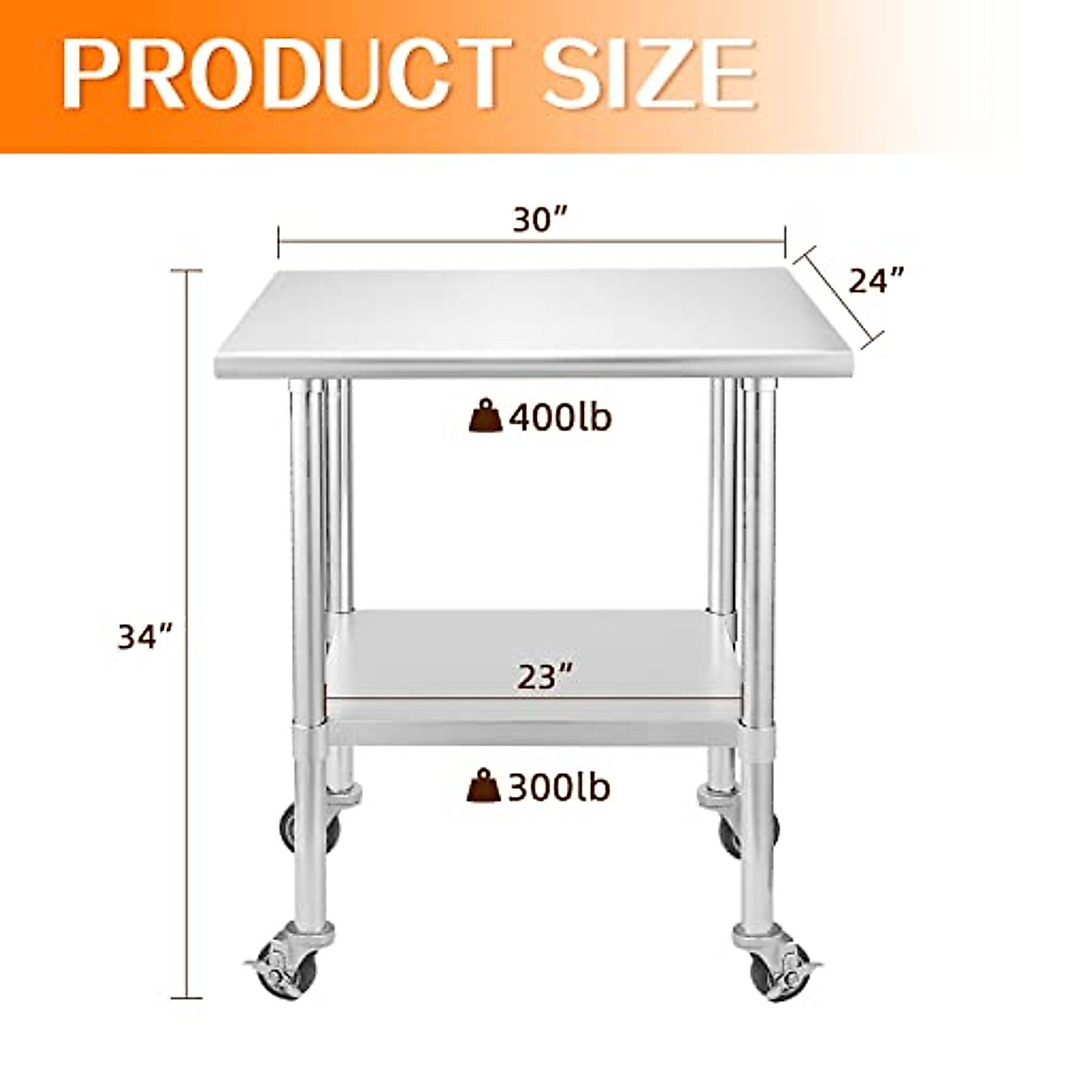 HOCCOT Stainless Steel Prep & Work Table with Adjustable Shelf, with Wheels, Kitchen Island, Commercial Workstations, Utility Table in Kitchen Garage Laundry Room Outdoor BBQ, 24" X 30"