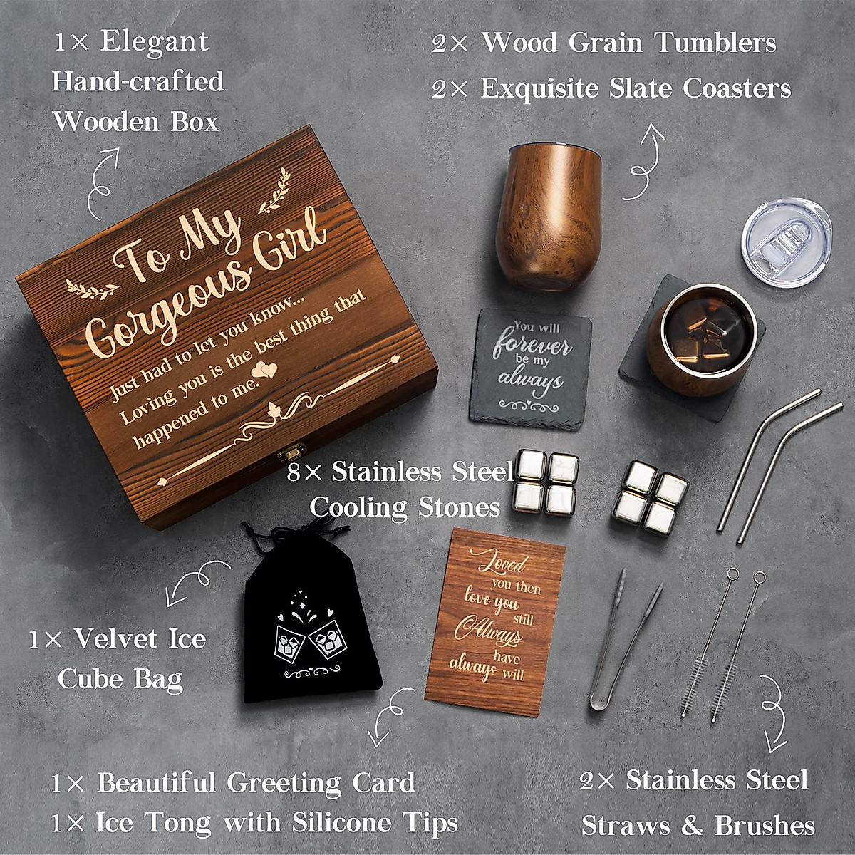 Gift for Her Anniversary Best Birthday Gifts for Girlfriend, Wine Tumbler Gift Set Wood Anniversary 5 Year Gift for Her Romantic, 1st Anniversary for Her 'To My Gorgeous Girl' Engraved Wooden Gift Set