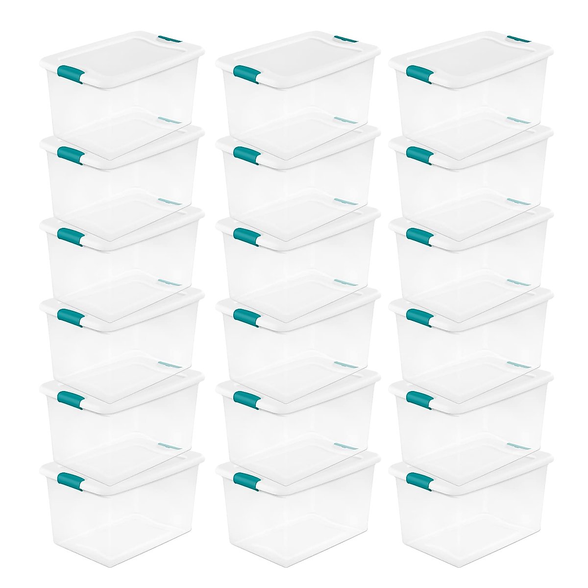 Sterilite 64 Qt Latching Storage Box, Stackable Bin with Latch Lid, Plastic Container to Organize Clothes in Closet, Clear with White Lid, 12-Pack