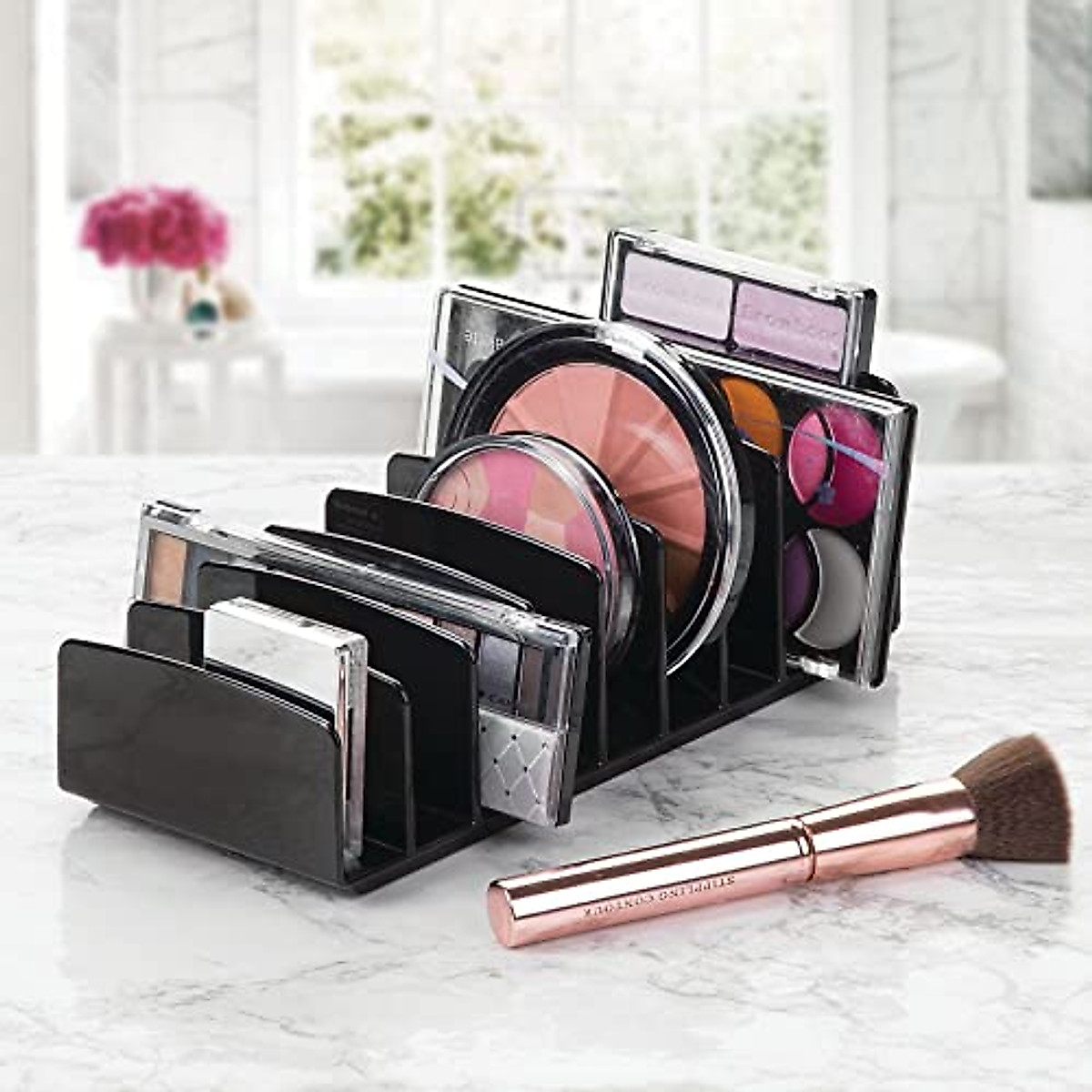 mDesign Plastic Divided Cosmetic Palette Organizer with 9 Sections - Makeup Storage for Bathroom Vanity, Cabinet, Drawer - Holds Eyeshadow, Blush, Powder - Lumiere Collection - Black