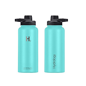 H2 Hydrology Sport Water Bottle 3 LIDS (Straw Lid & Spout Lid) | Double Wall Vacuum Insulated Stainless Steel Wide Mouth | Sports Hot & Cold Leak Proof Sweat Free Thermos (32 oz, Aquamarine)