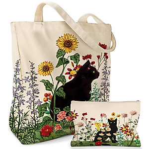 Miss Adola Aesthetic 2 Set Canvas Tote Bag - with Cosmetic Makeup Zipper Pouch Bag for Women Cloth Cotton Tote Bag for Shopping, Gym, Work, Travel, Vacation, Grass Cat