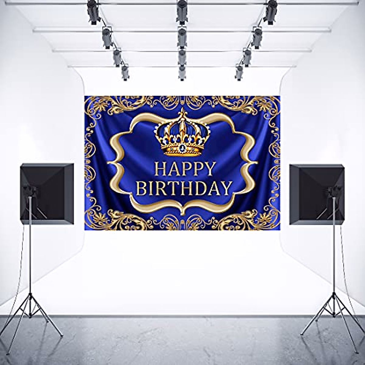 Aperturee Royal Blue and Gold Happy Birthday Backdrop 7x5ft Little Baby Boy Prince King Crown Photography Background Celebration Party Decoration Supplies Cake Table Banner Photo Booth Prop