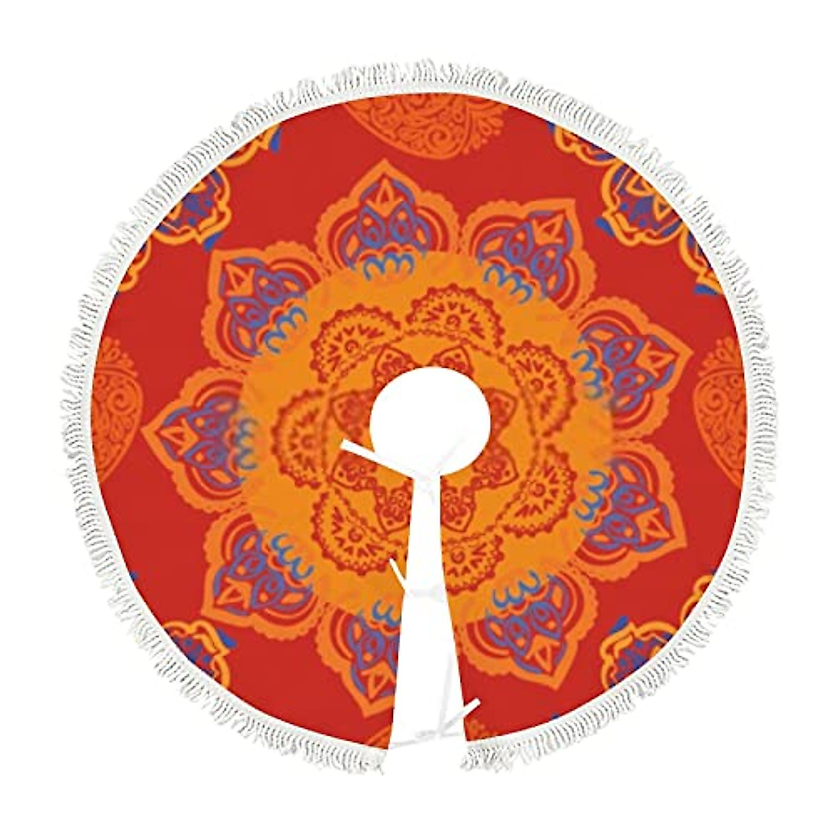 Hapuxt Christmas Tree Skirt 48 Inch Xmas Plush Skirts Decoration Geometric Ethnic Style Circular Deco Merry Christmas Family Party Holiday Indoor Outdoor Home Decor White Tassel Lace