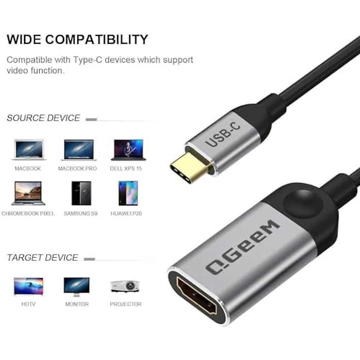 QGeeM USB C to HDMI Adapter 4K Cable, USB Type-C to HDMI Adapter [Thunderbolt 3/4] HDMI Adapter for Laptop MacBook Pro/Air, iPhone15 Pro max, Dell XPS, HP.Pixelbook, Thinkpad,Surface,Ipad Pro etc.