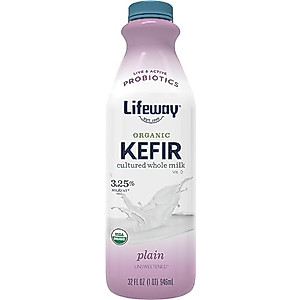 Lifeway Organic Whole Milk Kefir - 10g Protein, 12 Live Active Probiotic Cultures, Up to 99% Lactose Free, Gluten Free - Plain, 32 oz
