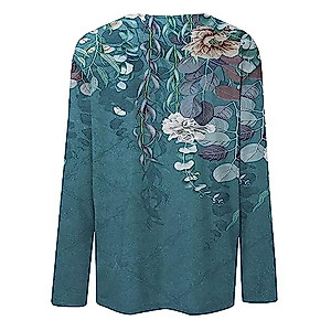 Women's Tops Fall Comfortable Blouse Printed Loose Fit Pullover Casual Tunic Button Down Full XL Mattress Topper Shirt Long Sleeve Tshirt Neck Shirts for Women（4-Blue,Small）
