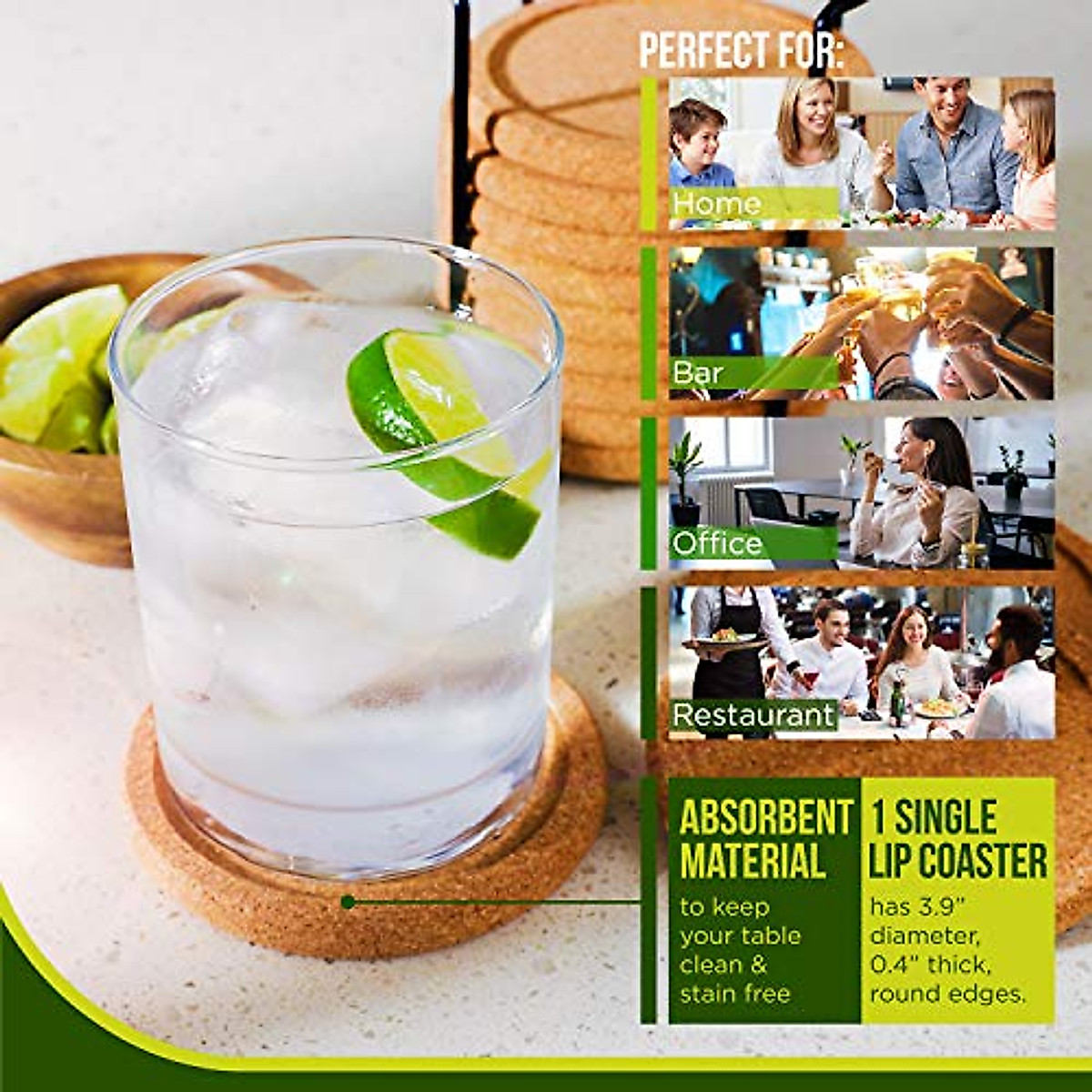 Cork Coasters with Lip for Drinks Absorbent | 12 Set 4 Inch Thick Rustic Saucer with Metal Holder Heat & Water Resistant | Best Reusable Natural Round Coasters for Bar Glass Cup Table