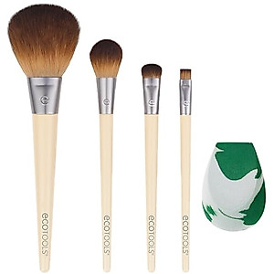 EcoTools Core Five Makeup Brush and Sponge Kit, For Eyeshadow, Blush, Bronzer, Eyeliner, & Foundation, Makeup Blending Sponge For Liquid & Cream Products, Essential Eco Friendly Brushes, 5 Piece Set