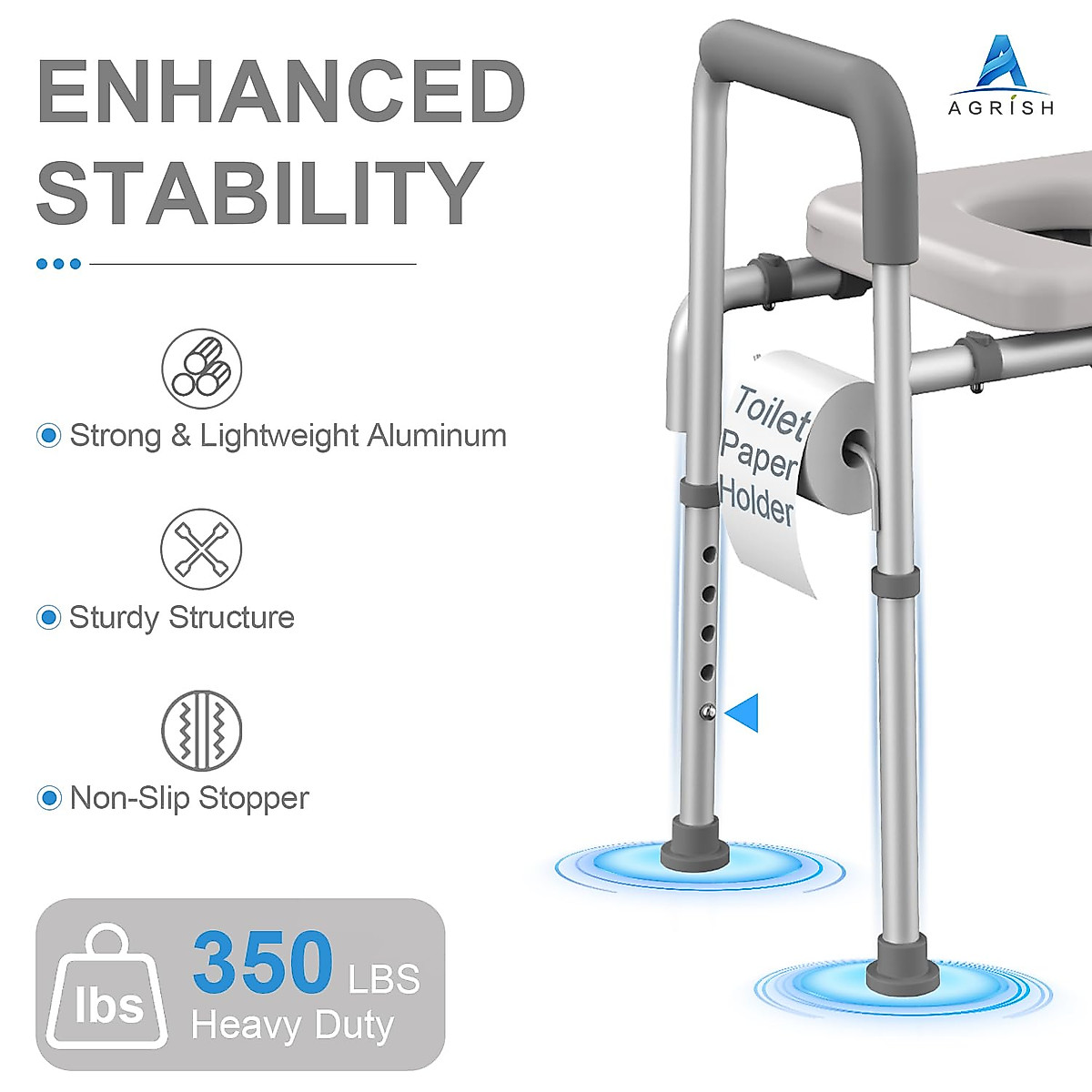 Agrish Raised Toilet Seat with Handles - Width and Height Adjustable Padded Toilet Seat Risers for Seniors, Bariatric, Handicap, Heavy Duty 350lbs Raised Toilet Seat, Fit Any Toilet