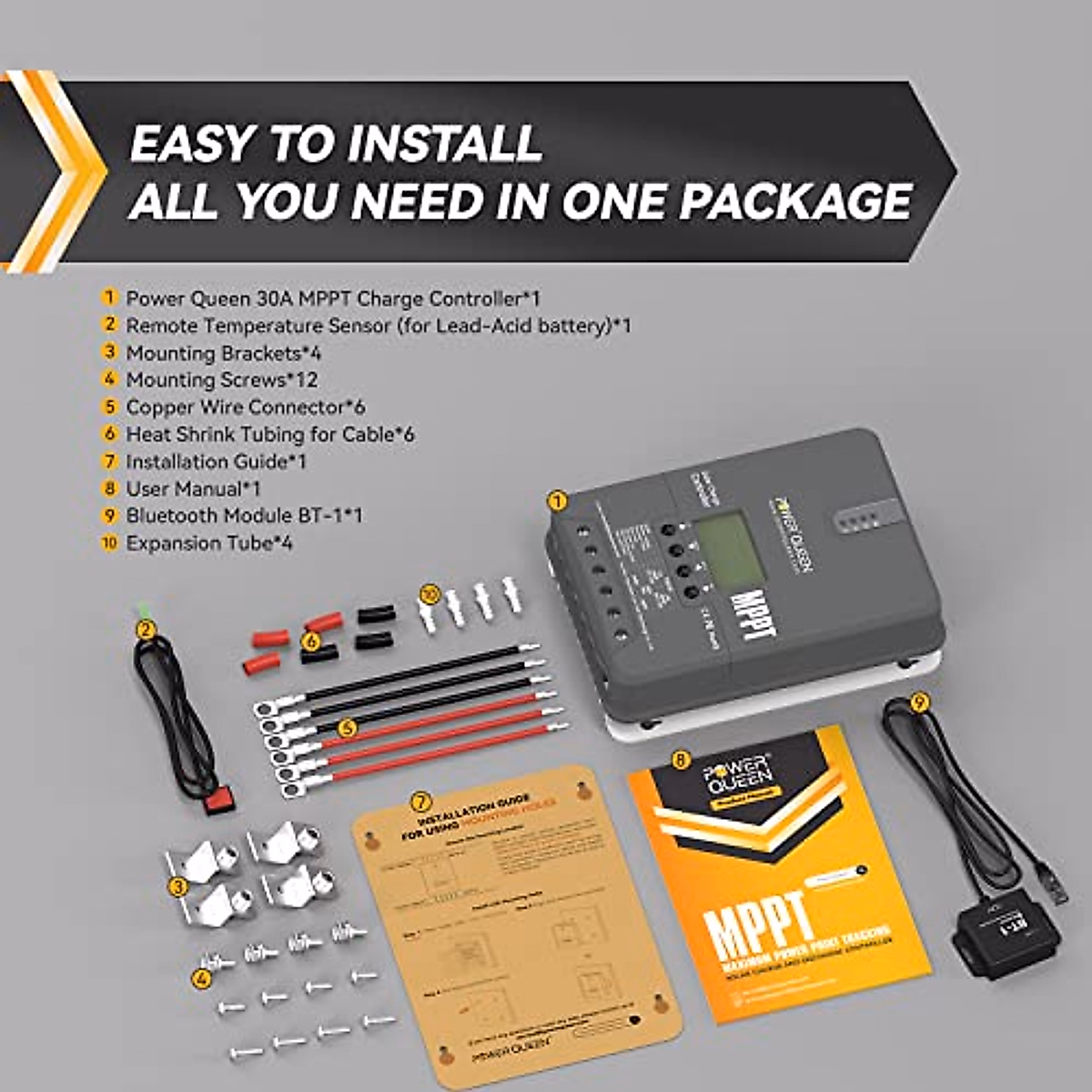Power Queen 12/24V 30 Amp MPPT Solar Charge Controller and Bluetooth Adapter, Support Remote Monitoring, Default for LiFePO4 Batteries and Compatible with Sealed, Flooded, Gel and Lead-Acid Battery