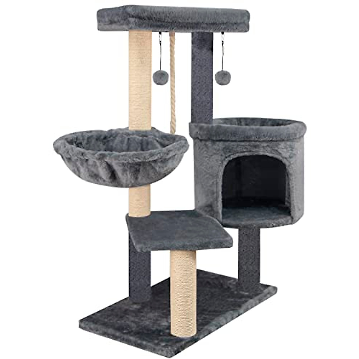 Youpet Fashion Design Cat Tree with Cat Condo Hammock and Two Replacement Hanging Balls,Grey