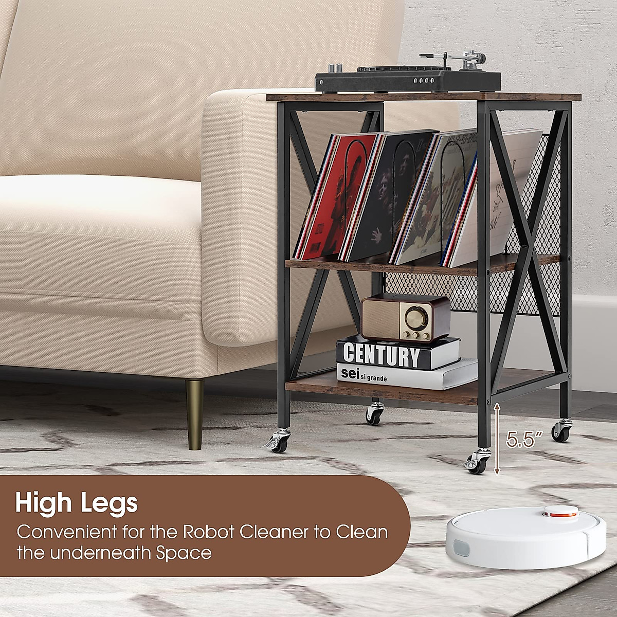 Giantex Record Player Stand, Vinyl Record Storage Table w/ 3 M-Shaped Dividers & 4 Rolling Wheels, Turntable Stand Holds Up to 250 Albums for Living Room, Office, Rustic Brown